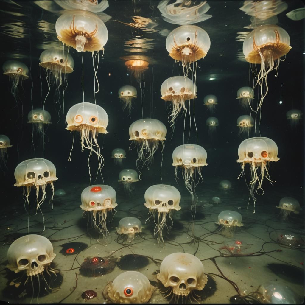 polaroid of dank flooded basement with skull jellies and eyeballs just ...