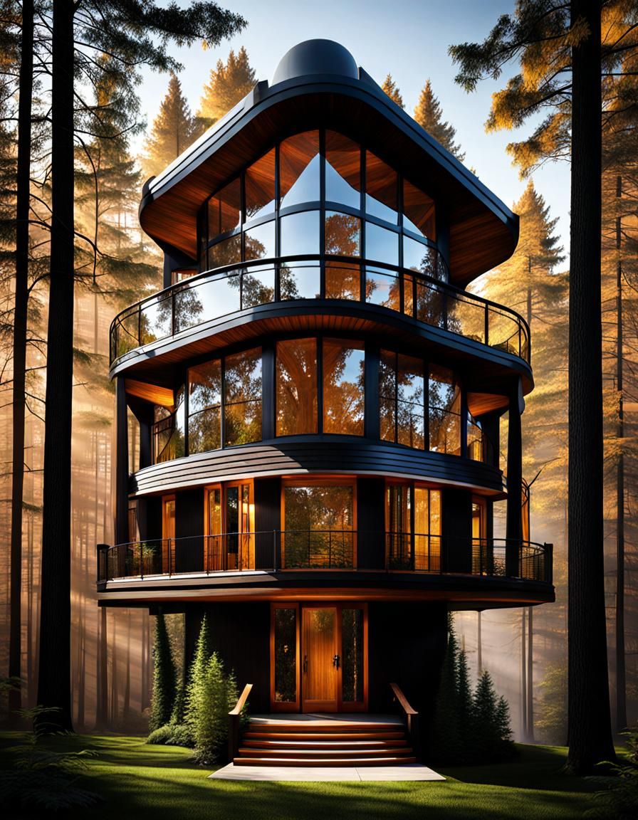 Art Deco tree house in cedar tree extreme verticals symmetry ...