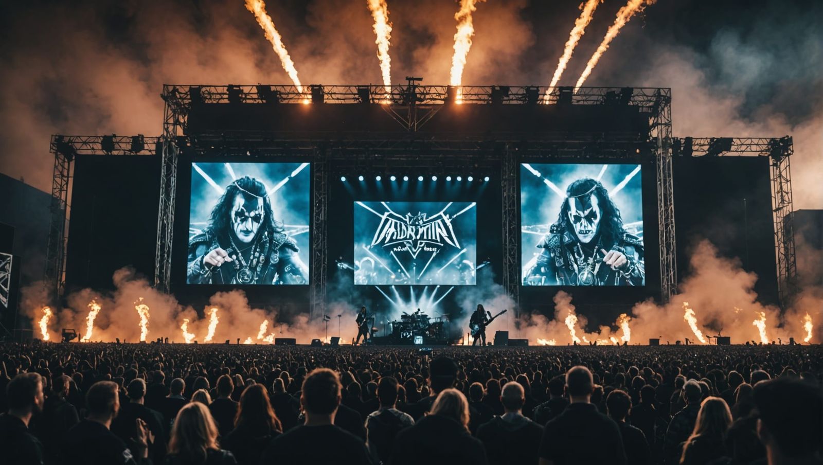 Expansive field with giant screens flanking an elaborate stage, smoke ...