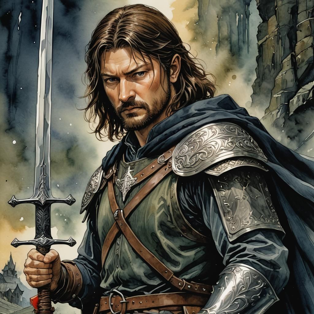 LoTR Rohan Man - Rohan Warrior with Sword in Watercolor Styl...