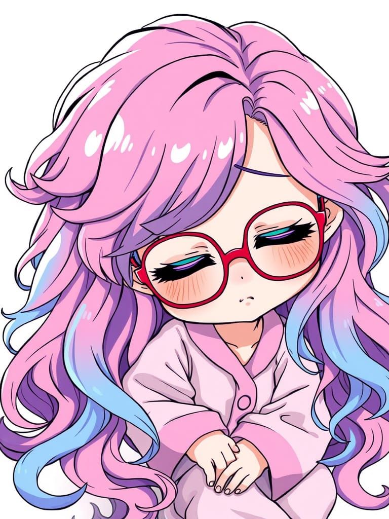 cartoon manga manic pixie dream baby, wavy long rose purple and blue ...