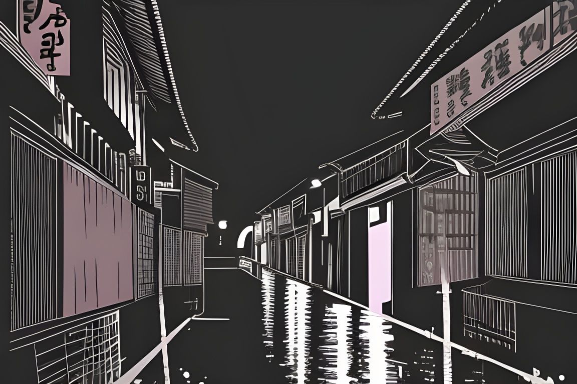 Nara-machi street, night, rain, angular light, long shadows, vector graphic, deep blacks, plum ...