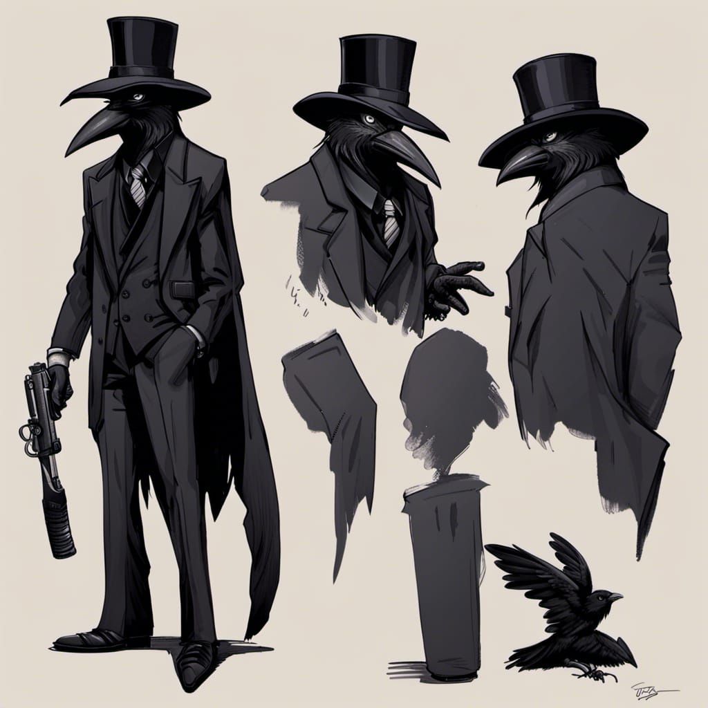 menacing, humanoid raven man in black 90's suit and black fedora ...