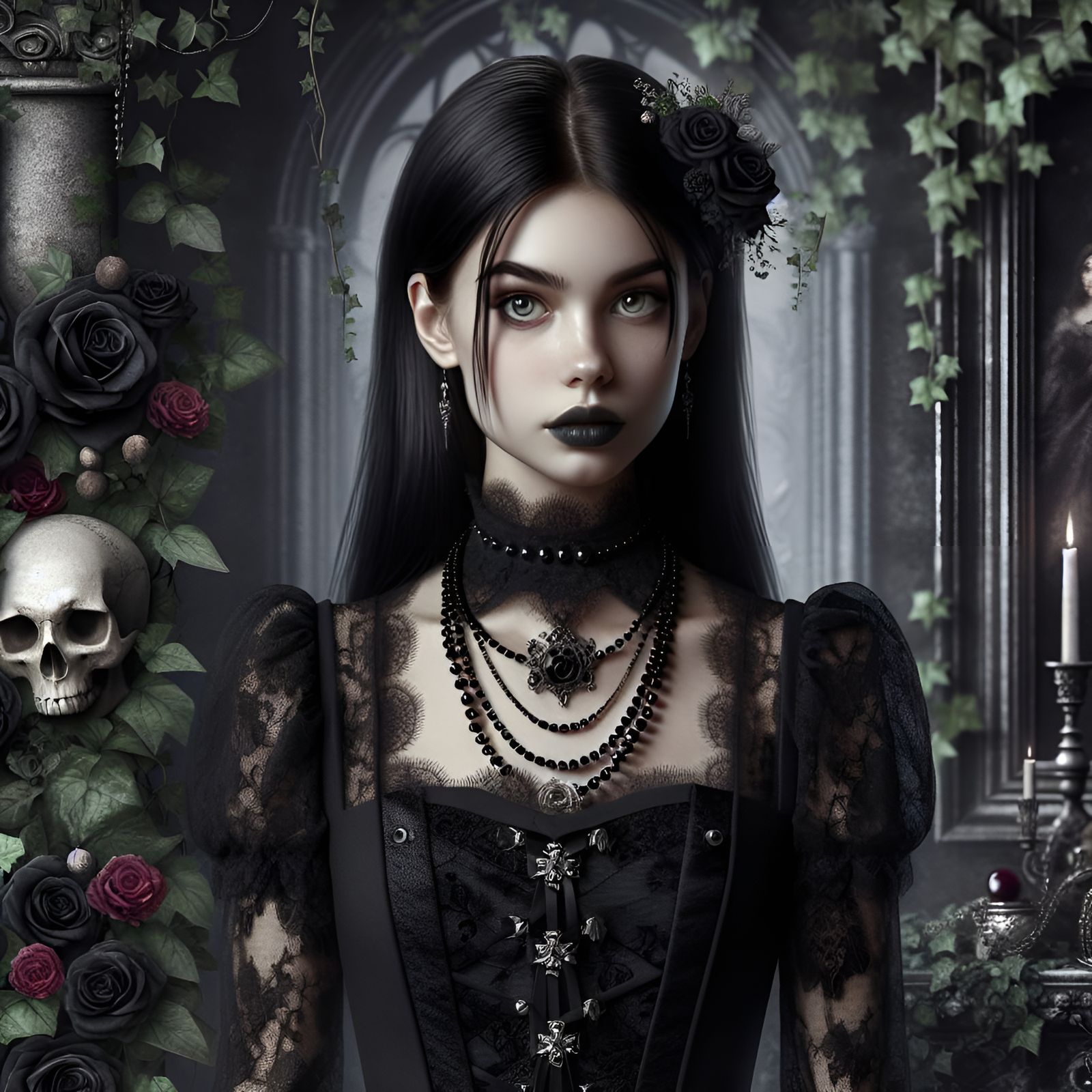 Realistic image of a young woman with long black hair wearing a gothic ...