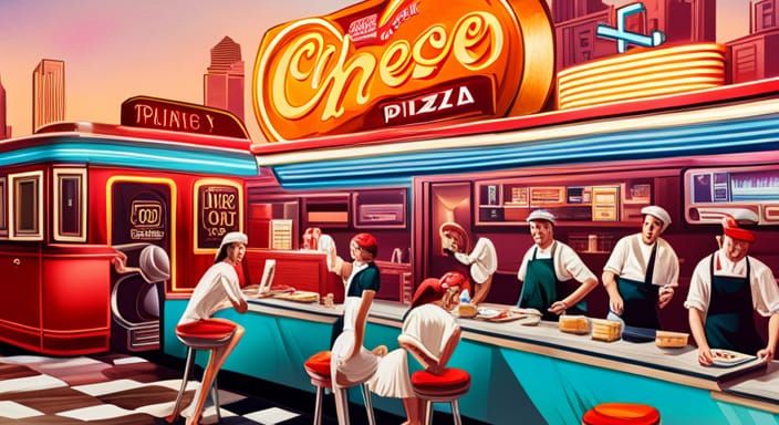 A 5-cheese pizza being served in a 1950s diner. - AI Generated Artwork ...