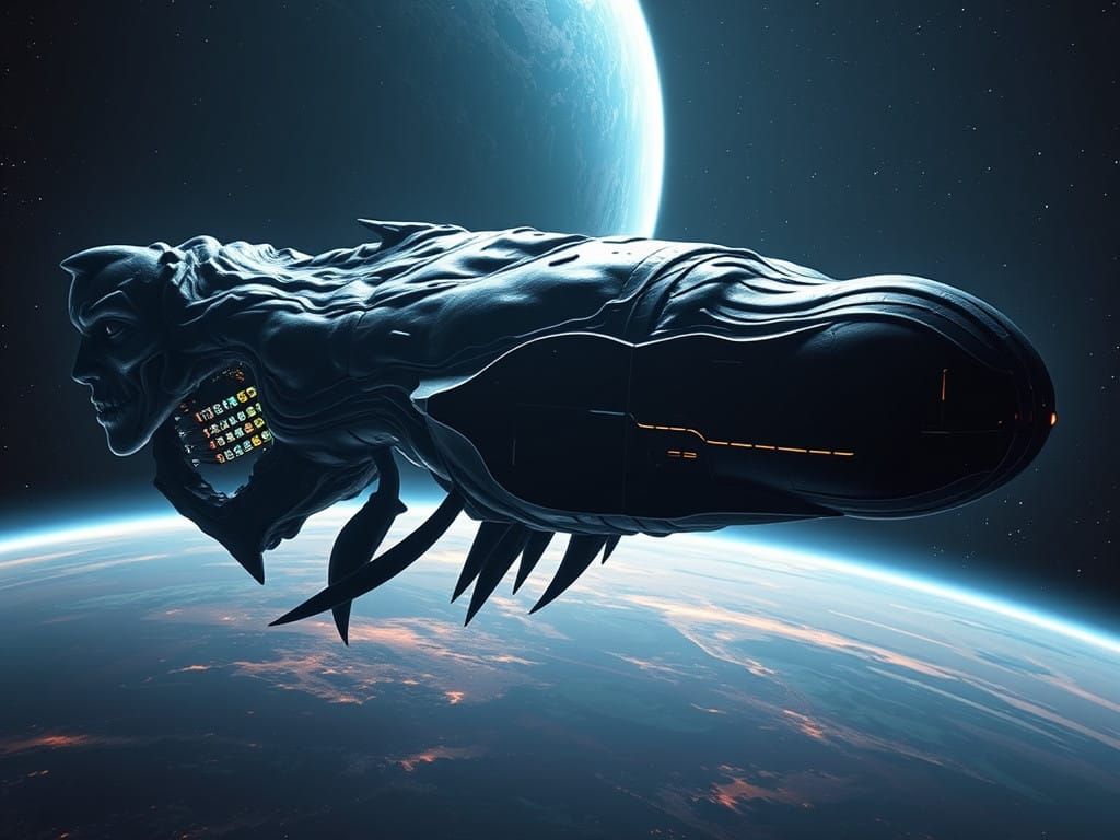 Living Bio-Tech Spaceship in Orbit Around a Distan... - AI Art