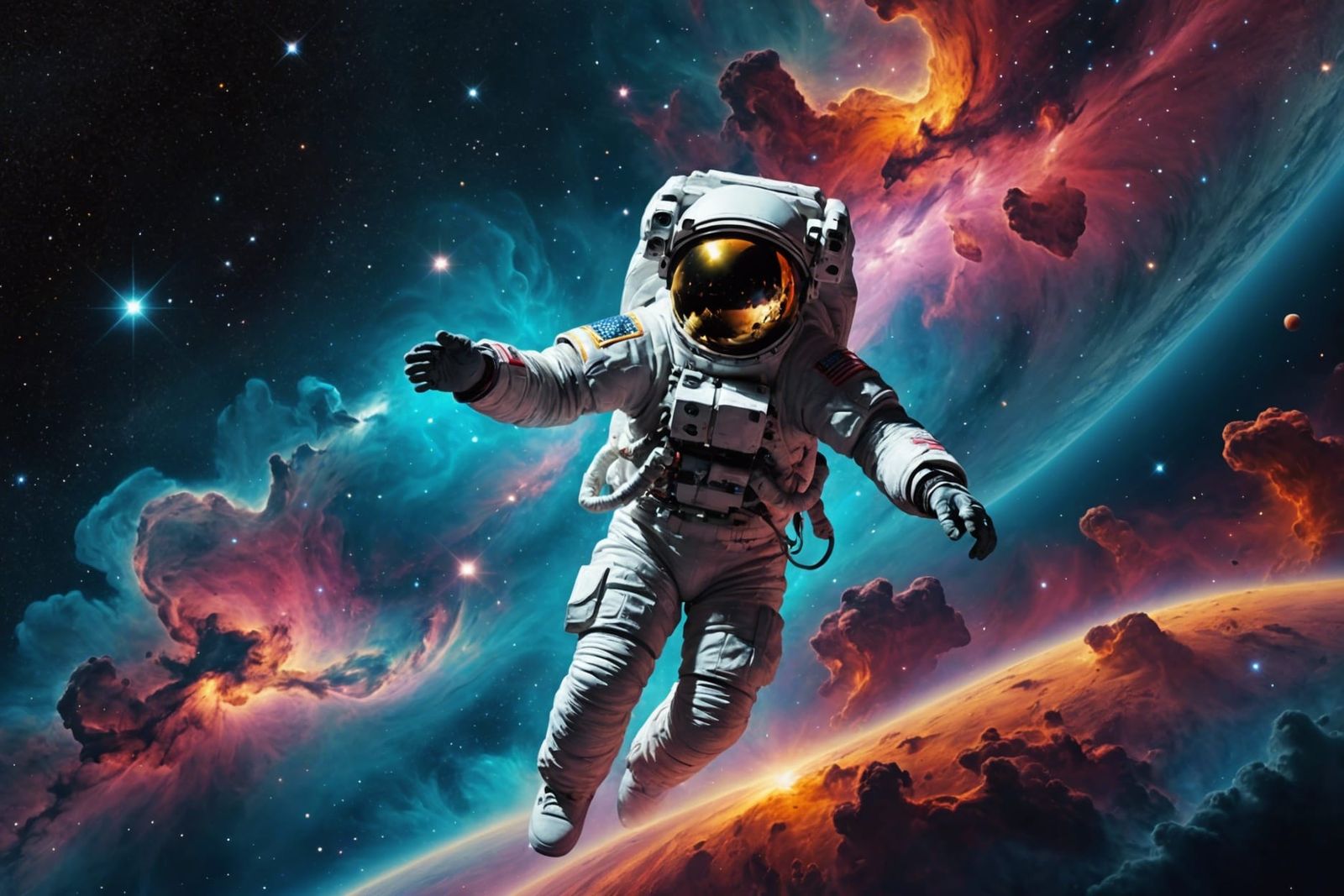 The vastness of outer space filled with colourful nebulae, an astronaut floats through space ...