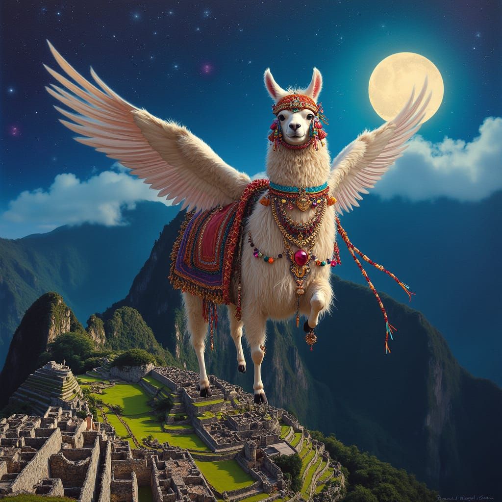 Flying Peruvian lama over Machu Picchu