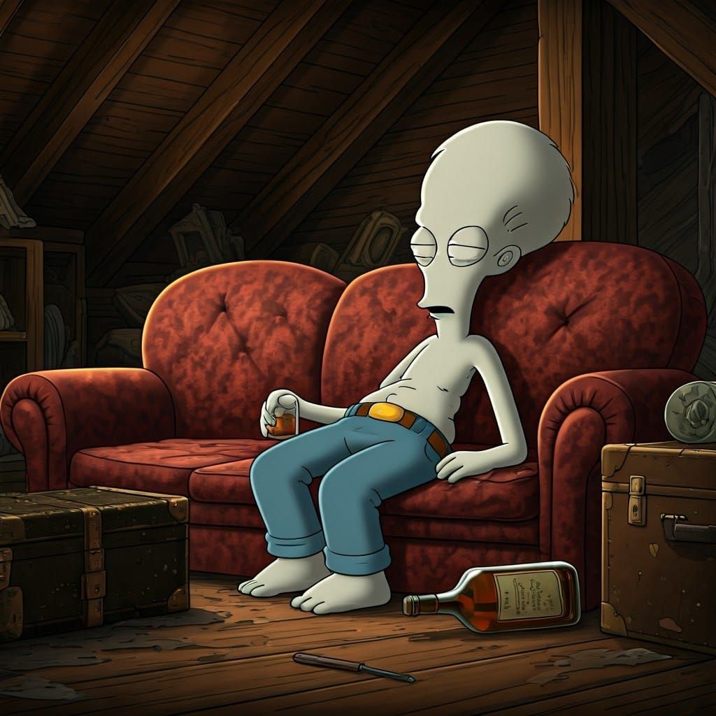 Reclining Alien in Attic with Whiskey - AI Art