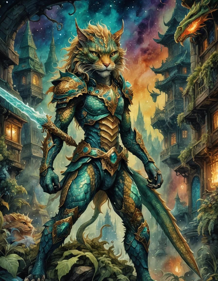 overdetailed watercolor painting of a magical fluffy teal dragon cat ...