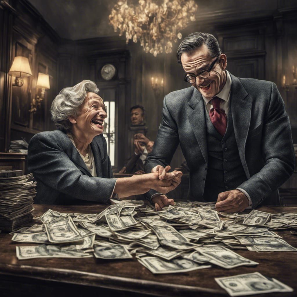 Rich evil grinning banker robbing money from a crying mother - AI ...