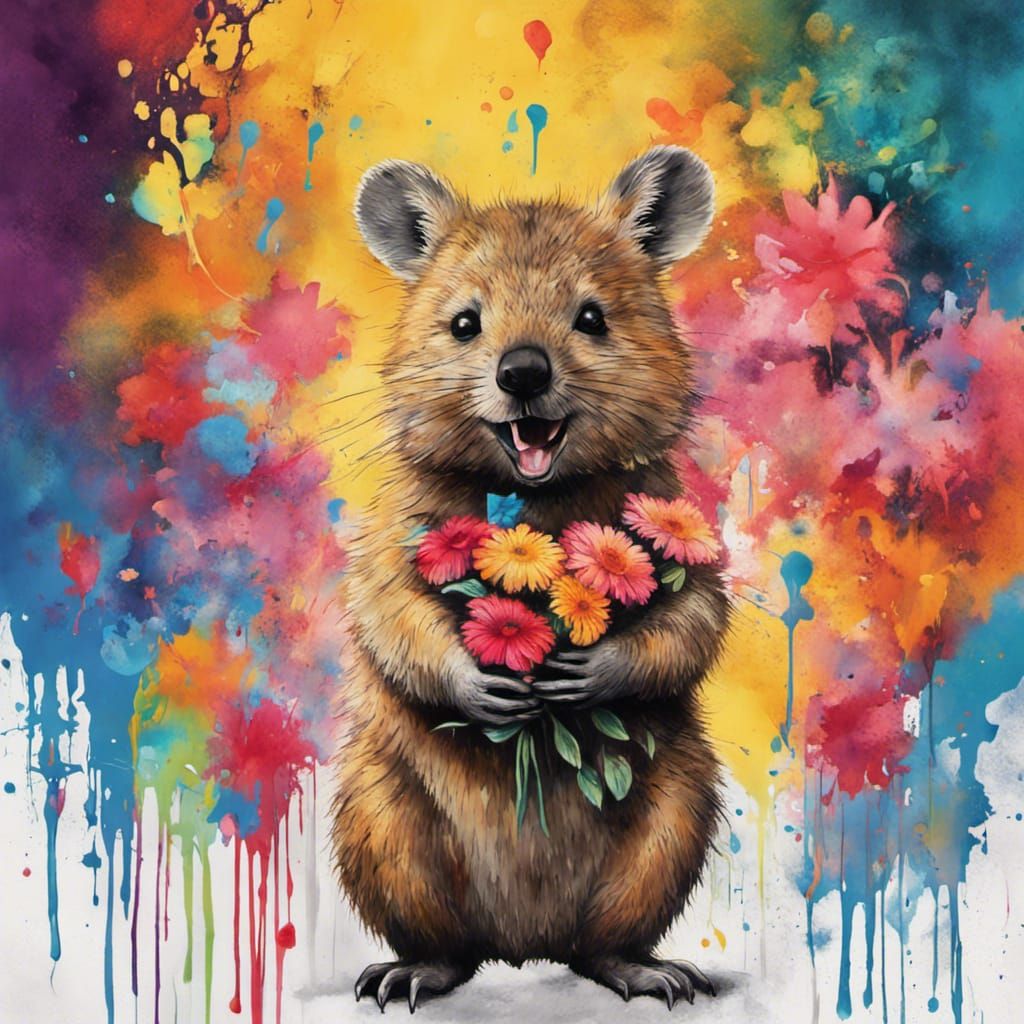 quokka holding flowers, graffiti art, splash art, street art, spray ...