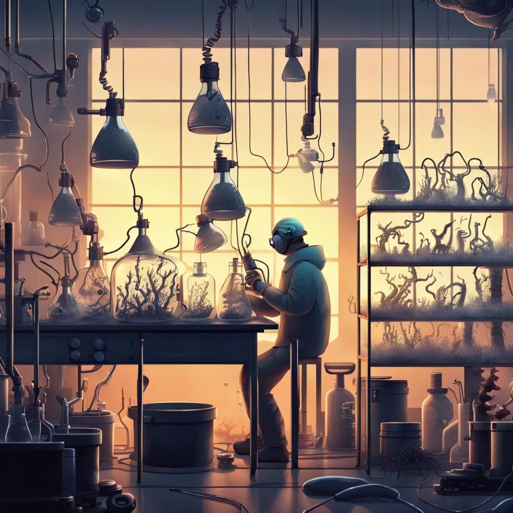 A detailed illustration of creatures working on their experiments ...