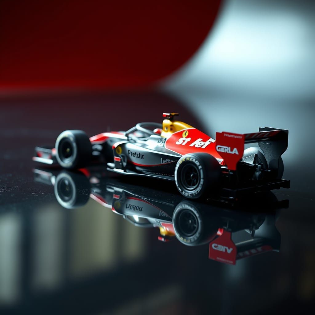 Formula 1 Toy Car on Polished Black Surface in Pho... - AI Art