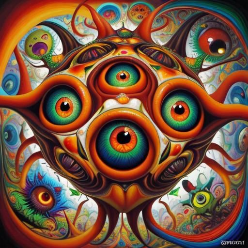 A captivating oil painting by a surrealist depicts surreal creatures ...