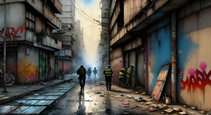 (Police & Thieves:1.1) epic urban slum dramatic masterpiece/watercolor ...