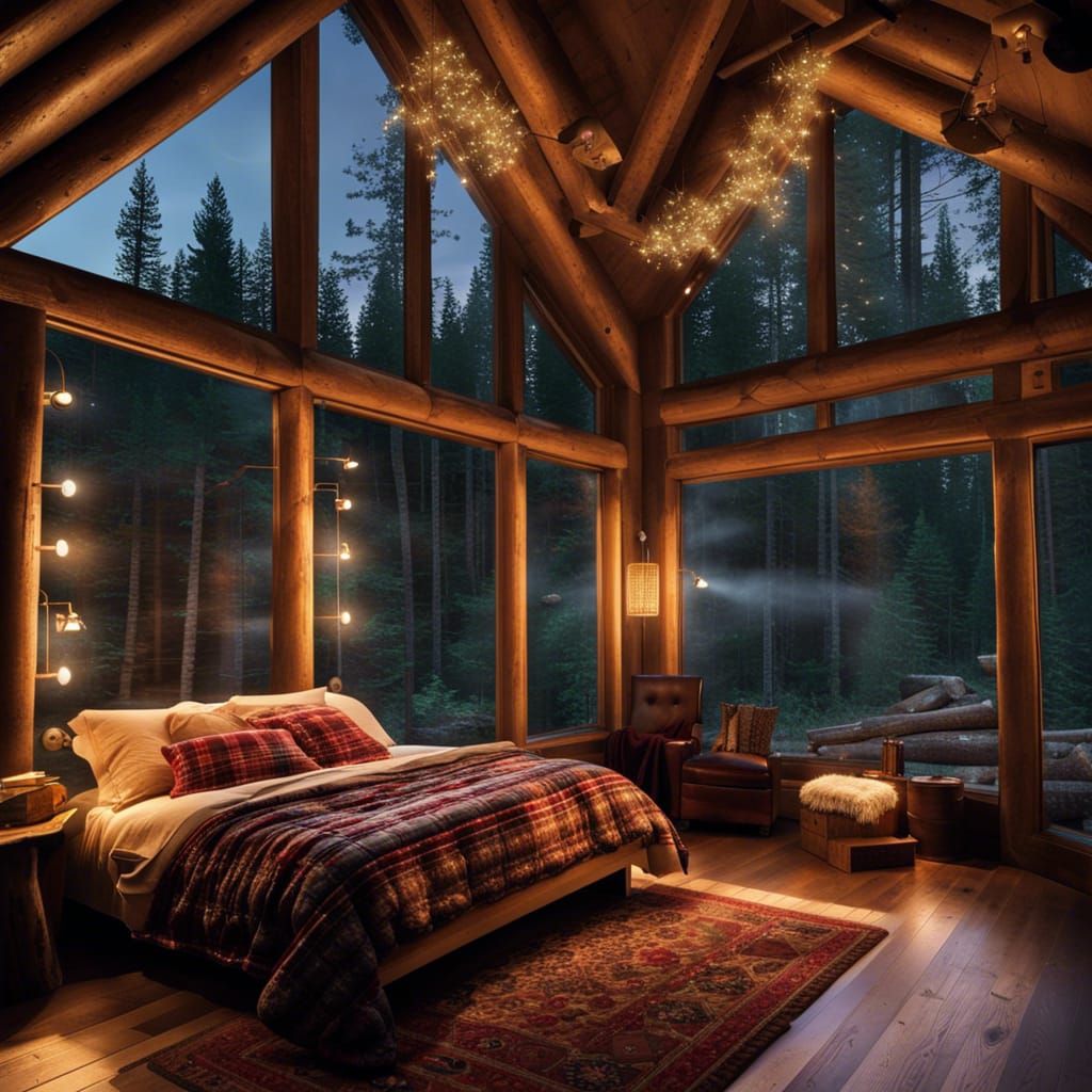 Upscale log cabin bedroom with glass wall looking out over a nighttime ...