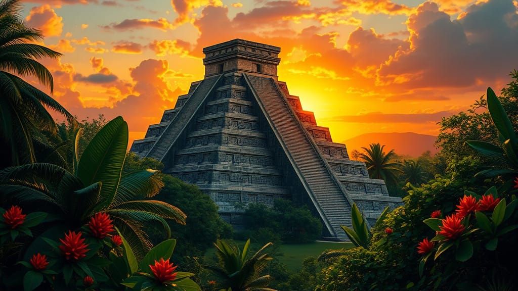 render Chichen Itza Mexico - Majestic Mayan Temple at Sunset...