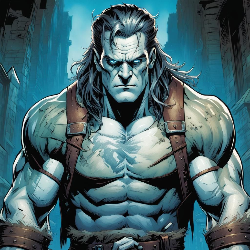 DND warrior, handsome, Frankenstein, pale skin, ashen long messy hair ...