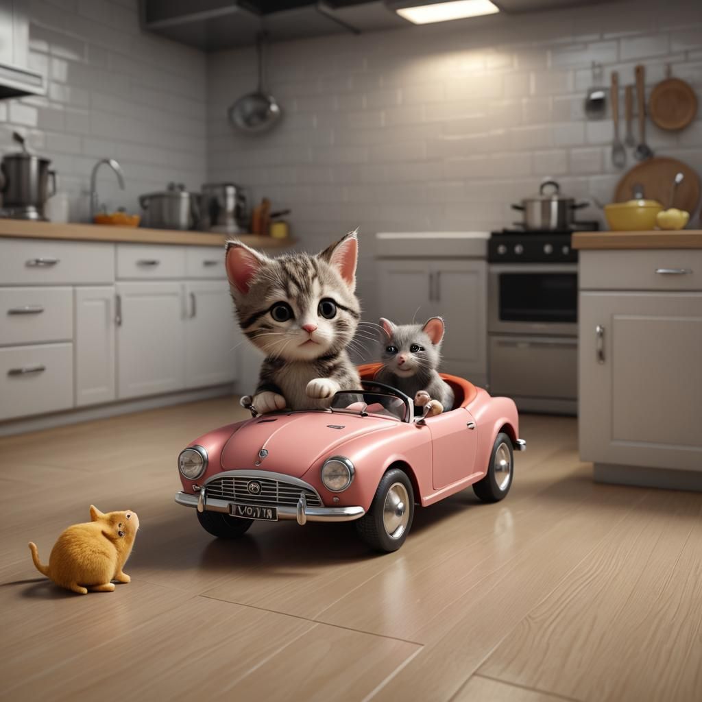 A kitten driving a toy car with a stuffed rat as a passenger - AI ...