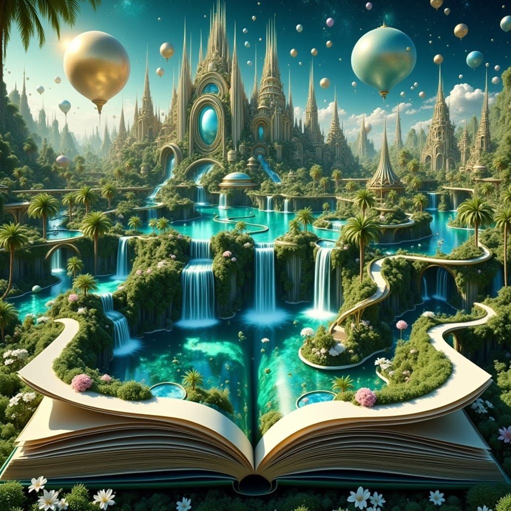 The Magic of Books - Surreal Futuristic Resort Emerging from...