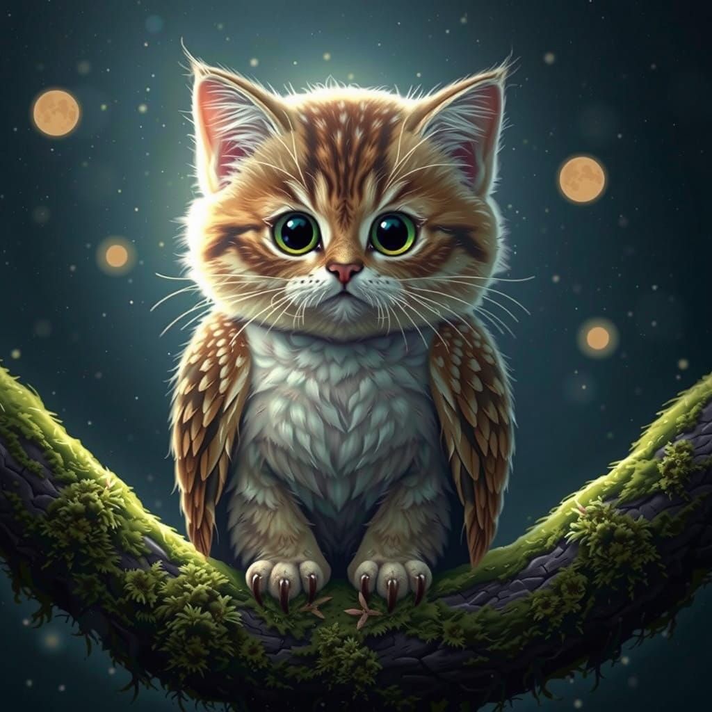 Beauties of the night - Whimsical Kitten-Owl Hybrid Under St...
