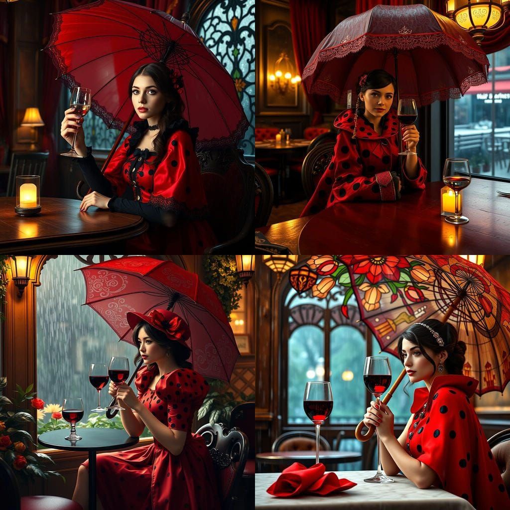Ladybug Lady Sips Wine in Rainy Restaurant Scene - AI Art