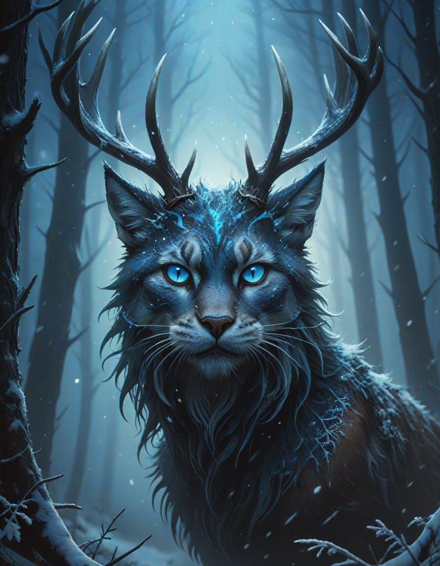 Cat as a Wendigo - Mystical Feline Abomination in Dark Woods