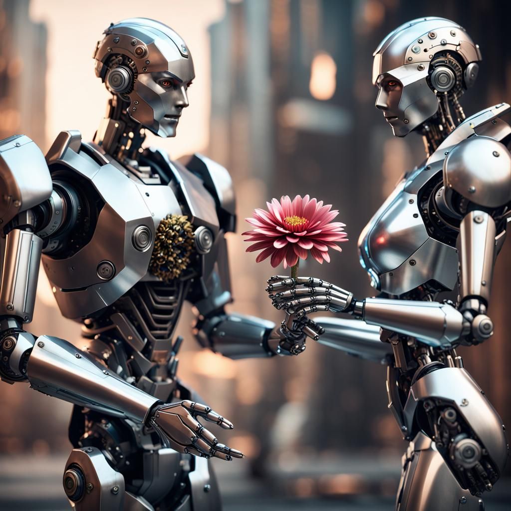 Male android holding a metal flower to give to his female android lover ...