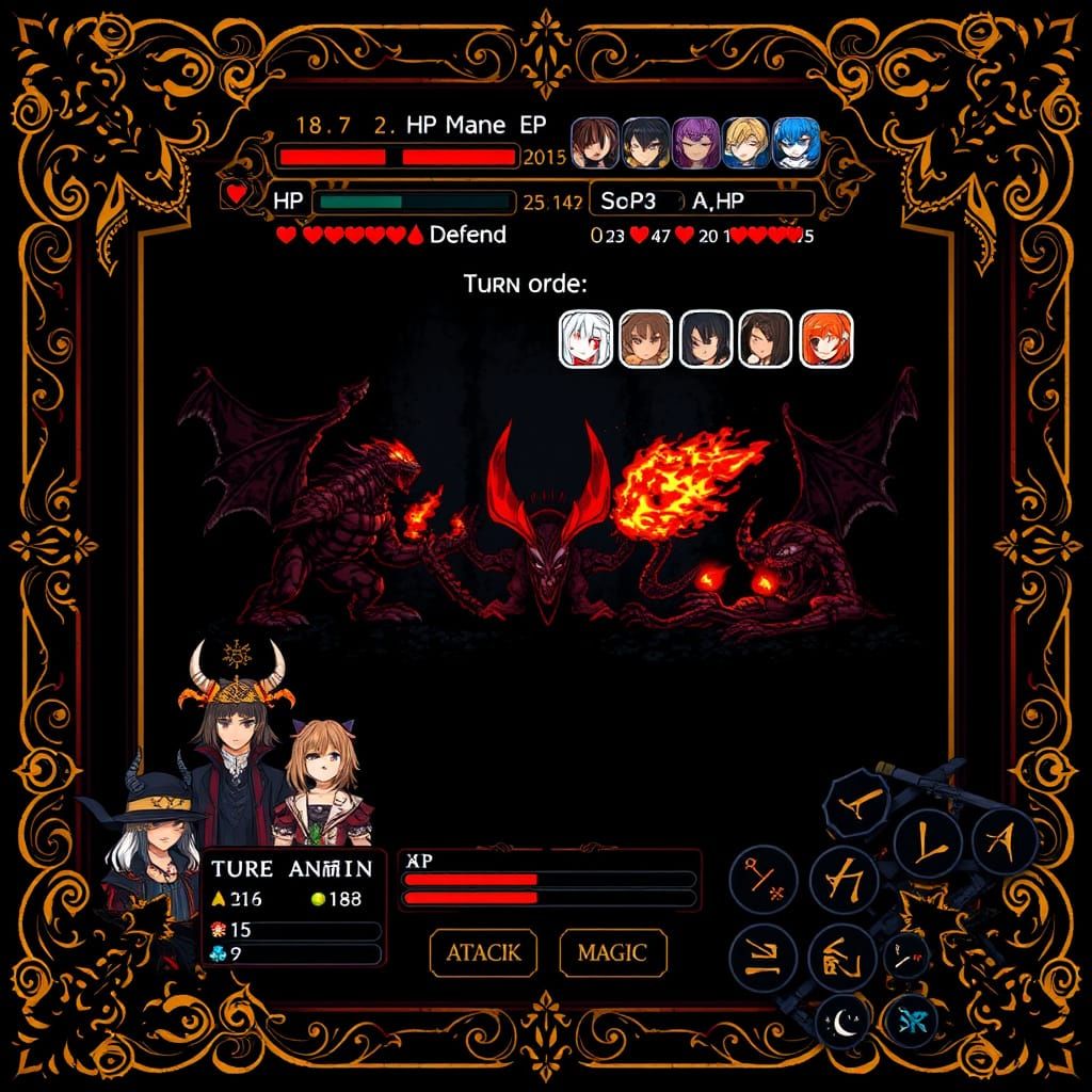 Dark Gothic JRPG Battle Screen with Demonic Theme - AI Art