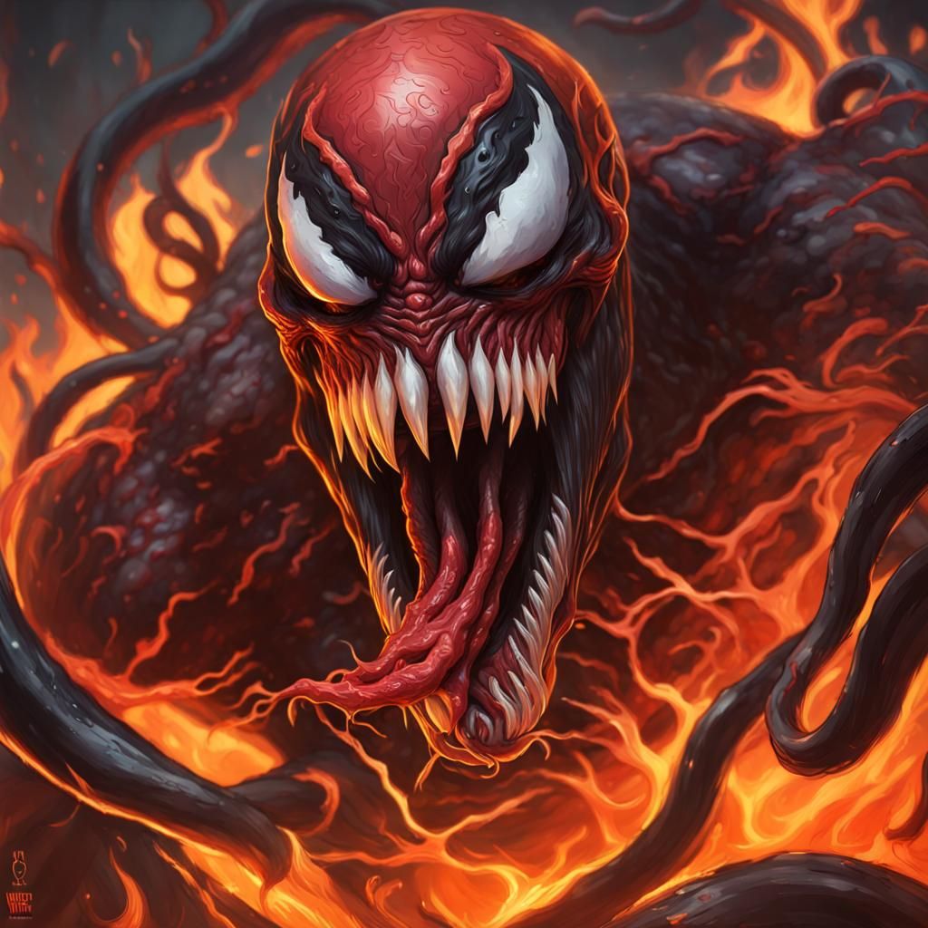 venom red with orange eyes. black tentacles and sharp bloody teeth ...