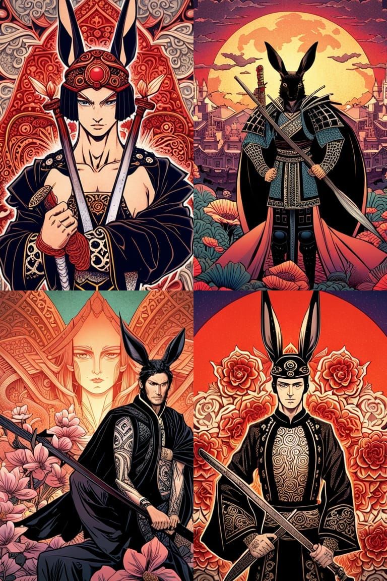 Big beautiful Rabbit samurai with massive ears and katana, in ornate ...