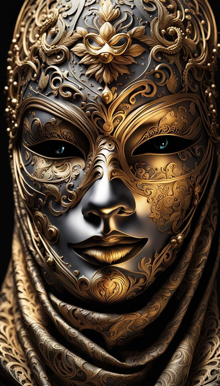 Woman's face adorned with an ornate, enigmatic mask, half-hidden in the ...