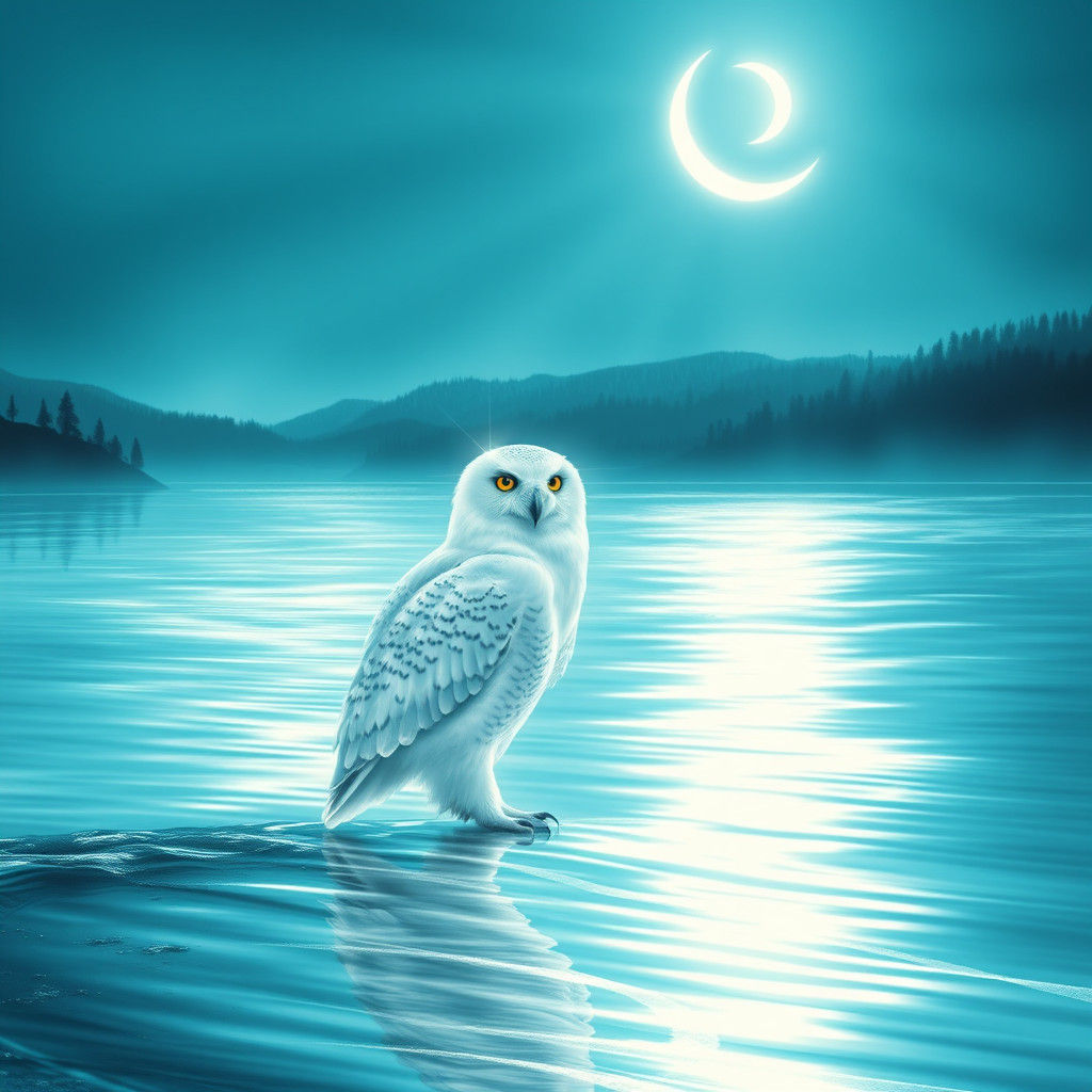Snow Owl Full Moon - Surreal Snow Owl Emerges from Dreamlike...