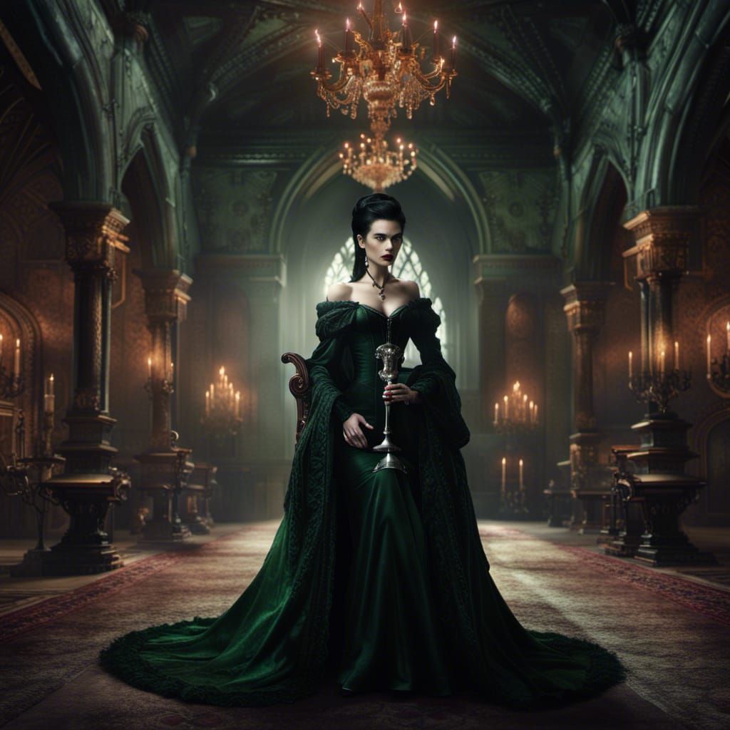 Vampire countess in a gothic castle throne room with a goblet in her ...
