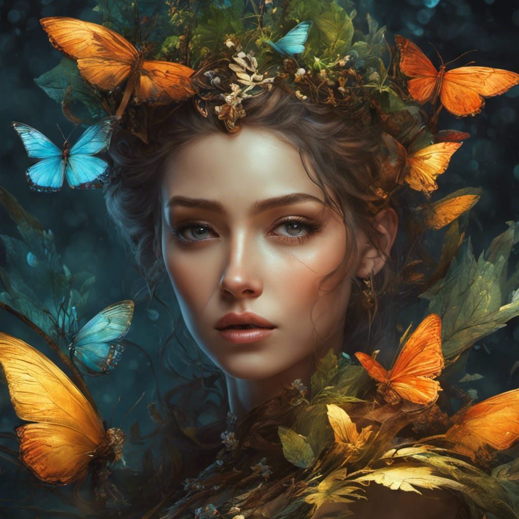 stunning Beautiful pixie clothed in leaves laughing and lounging ...