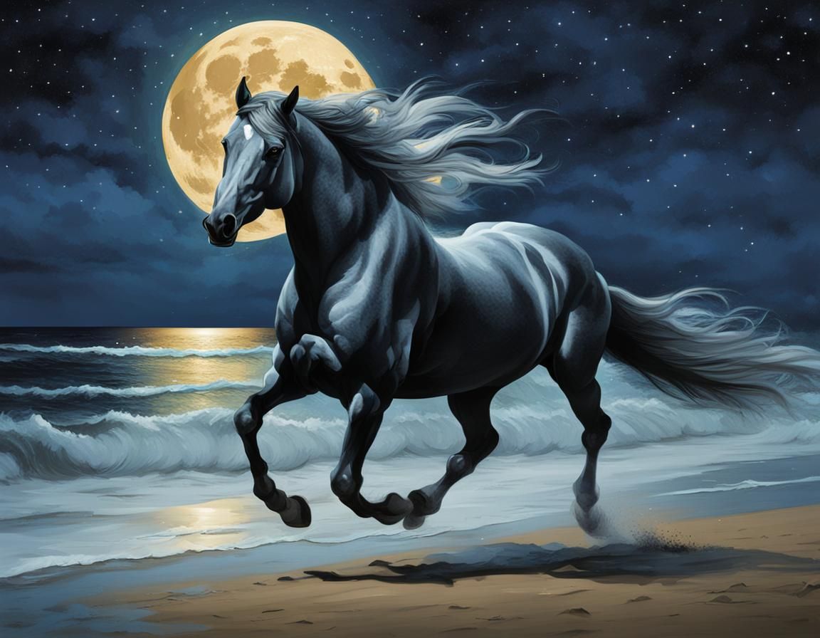 Phantom horse running in the moonlight on a nighttime beach - AI ...