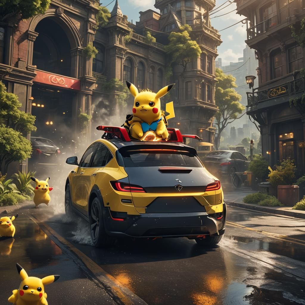 Pikachu driving a Tesla - AI Generated Artwork - NightCafe Creator