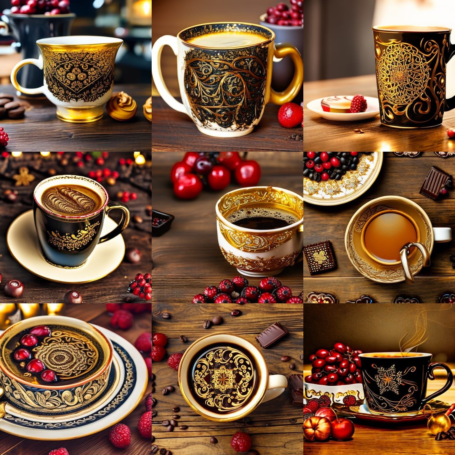 A strikingly beautiful dark coffee mug with gold filigree floral ...