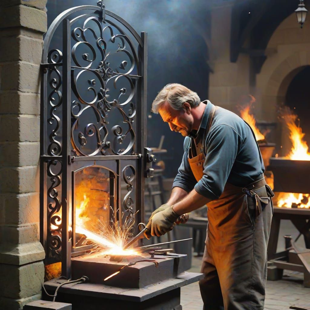 A talented blacksmith at work , creating a highly ornamental florentine ...