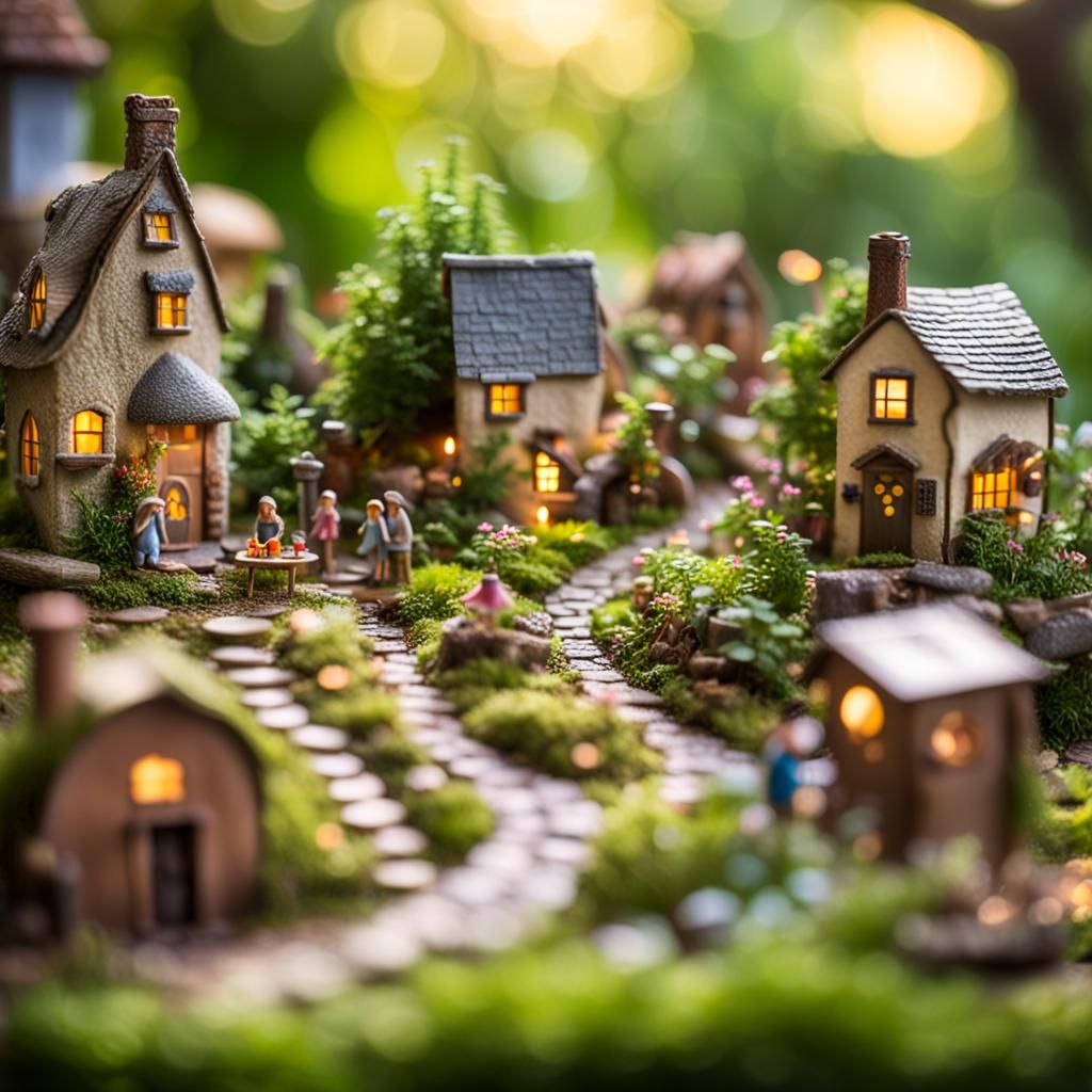 Miniature fairy garden village in a human garden with recycled ...
