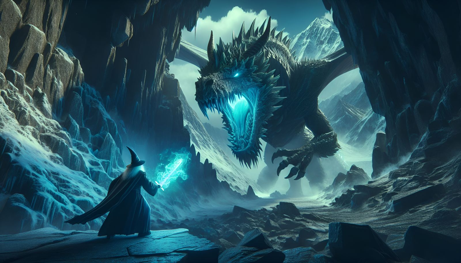 photorealistic, large angry ice dragon roaring at at a wizard who is ...