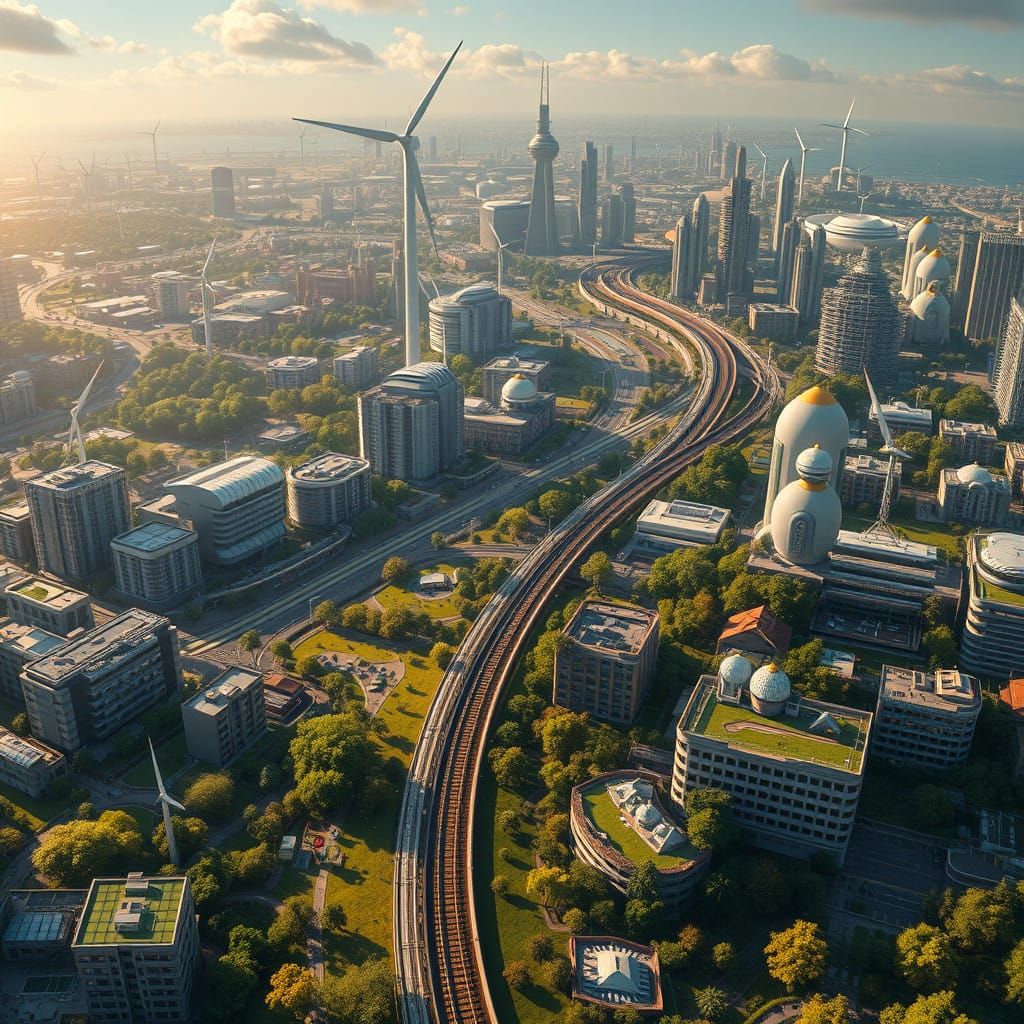 city - Surreal Futuristic Solarpunk Cityscape with Wind Tur...