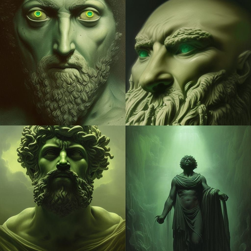 greek stone statue, dark greens and shading, extreme detail ...