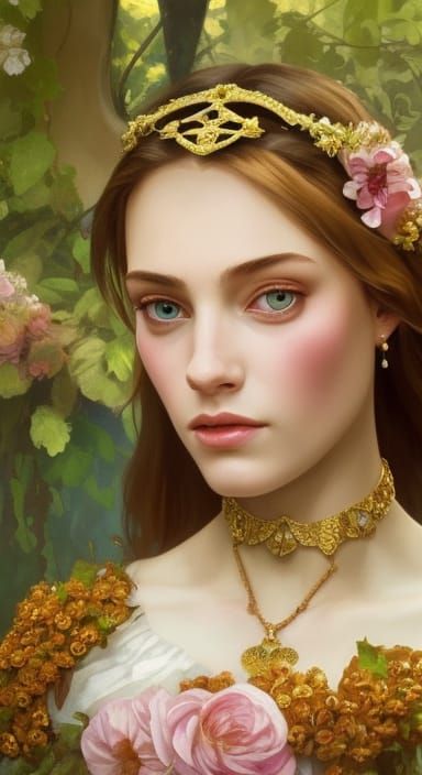 Realistic symmetrical portrait of an empathetic princess with jewelry ...