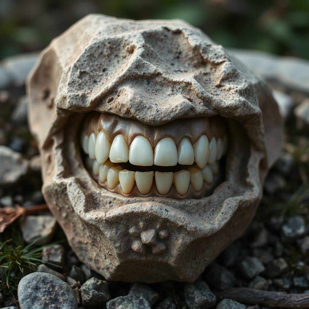 a stone with false teeth - Stone with Artificial Dentures in...