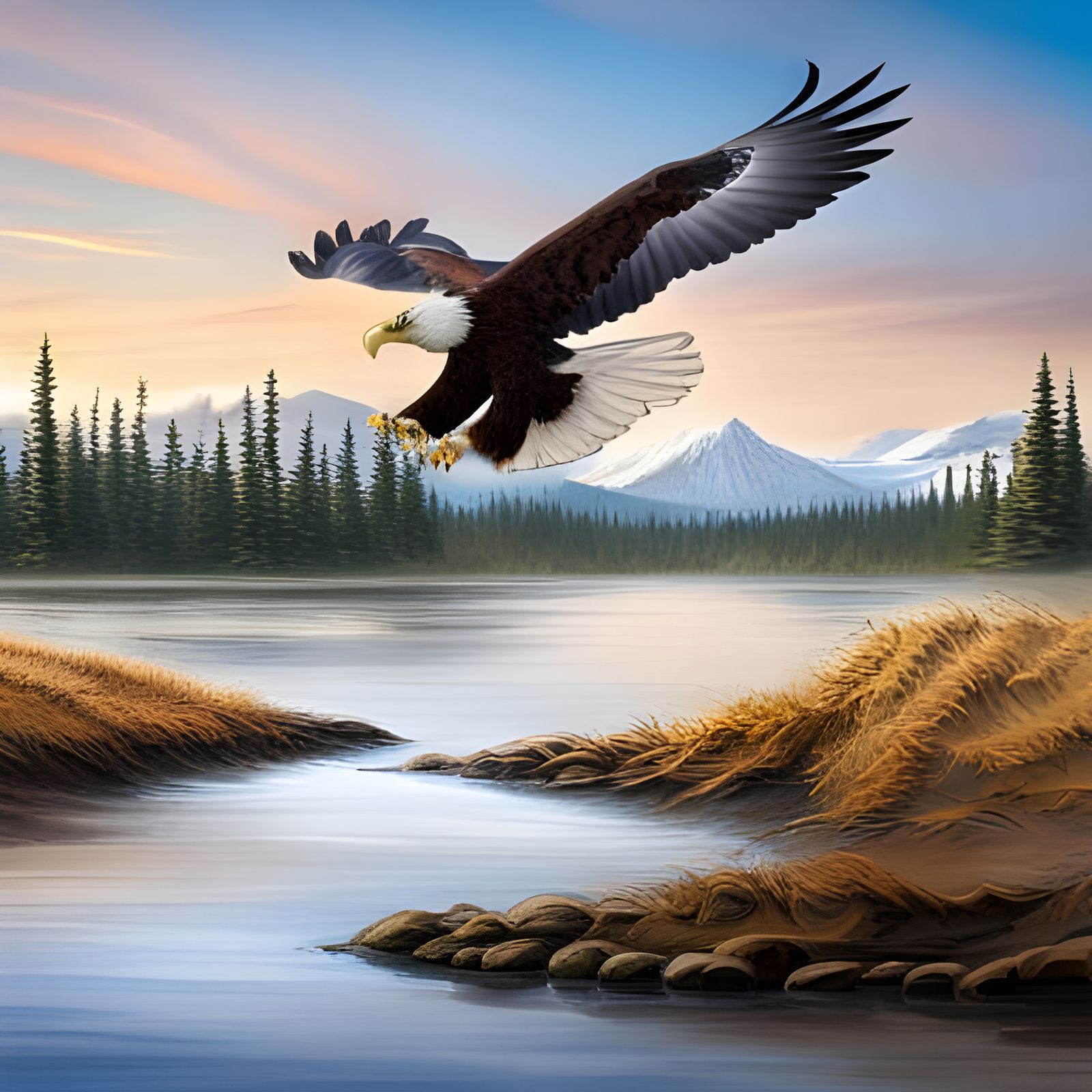 running river eagles flying over eagle catching a fish - AI Generated Artwork - NightCafe Creator