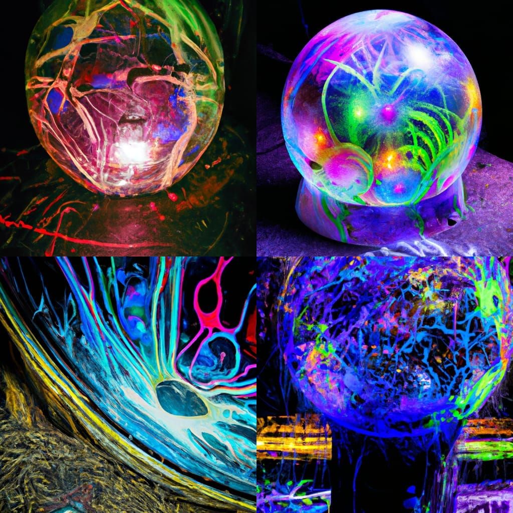 huge glass orb emitting an ominous light and containing a mass of very ...