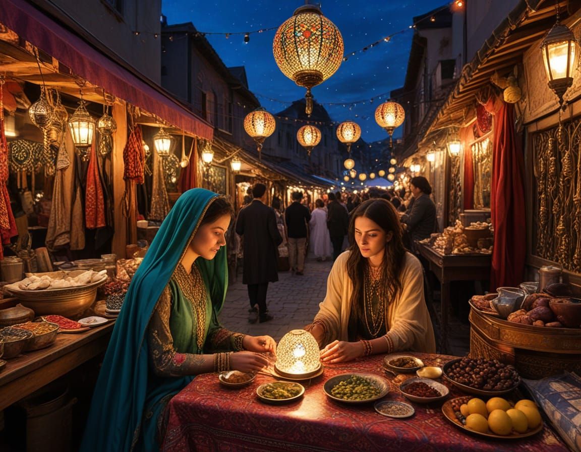 A mystical Middle Eastern night bazaar, rich with spice-laden air and ...
