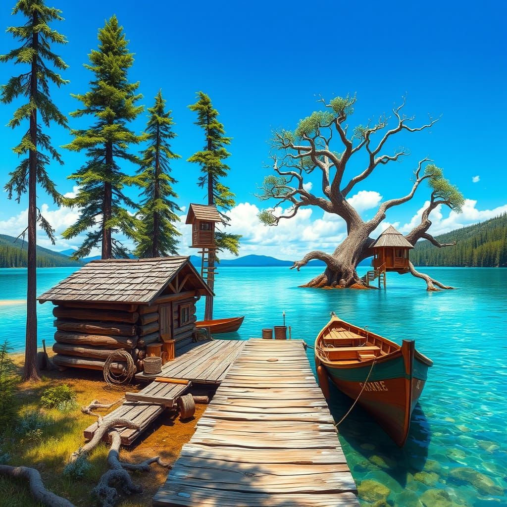 Surreal Lakeside Cabin Scene in Impressionist Styl... - AI Art
